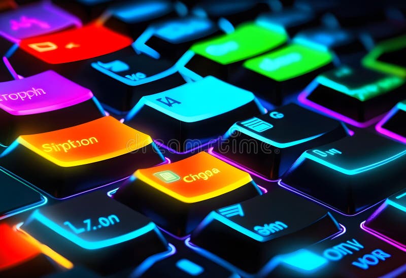 Working on a Neon Computer Keyboard with Colored Backlighting Stock ...