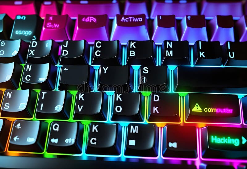 Working on a Neon Computer Keyboard with Colored Backlighting Stock ...