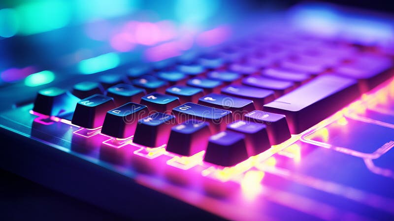 Working on a Neon Computer Keyboard with Colored Backlighting. Computer ...