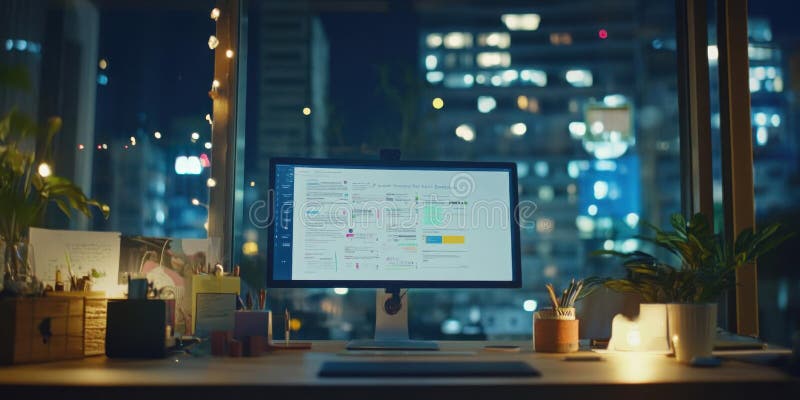 Working at Night in Office, Desktop Concept and Interior Lights Stock ...