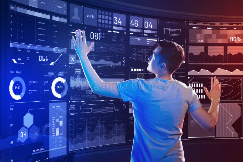 Experienced it Manager Putting His Hands Up and Touching the Icons on ...