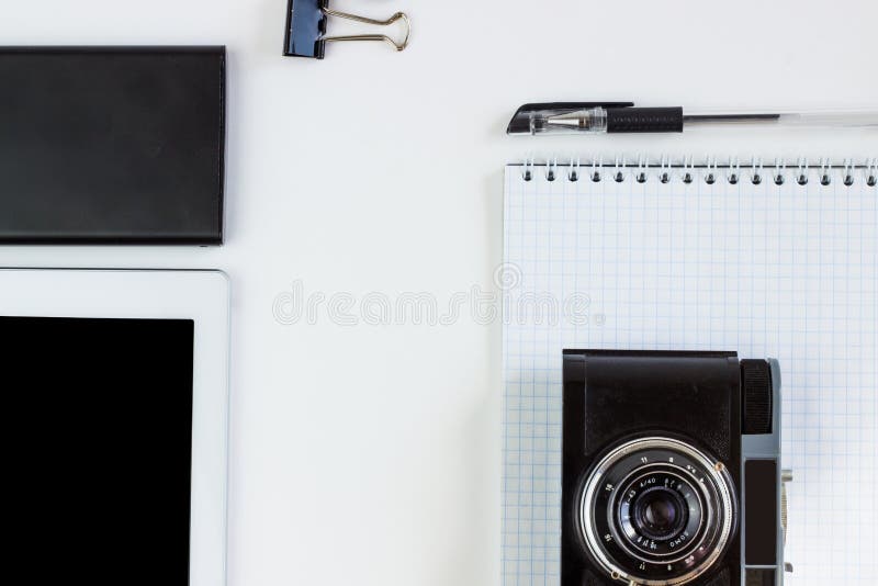 Working Office Space with a Tablet, Notepad, Camera, External Hard Disk ...