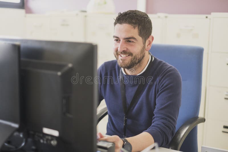 Working Office Worker Smiling Happy Sit Down Stock Photo - Image of ...