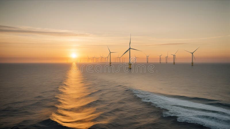 Working Offshore Wind Farm, Sunset View Stock Illustration ...