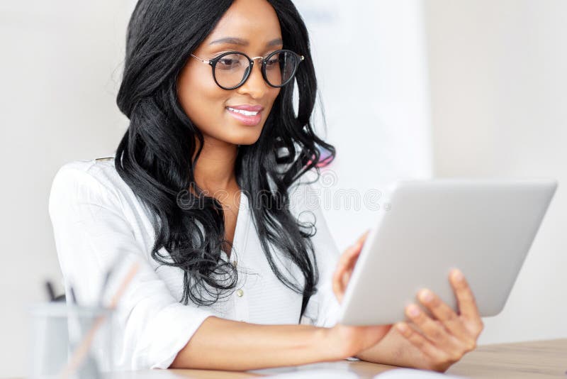 Working Online Concept. Positive Millennial Black Lady Using Tablet ...