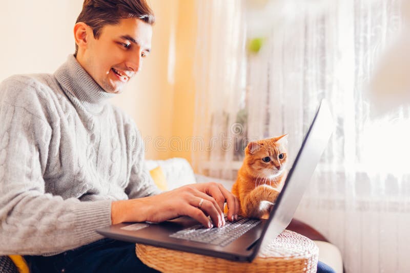 Working Online from Home with Pet Using Computer. Man Typing on Laptop ...
