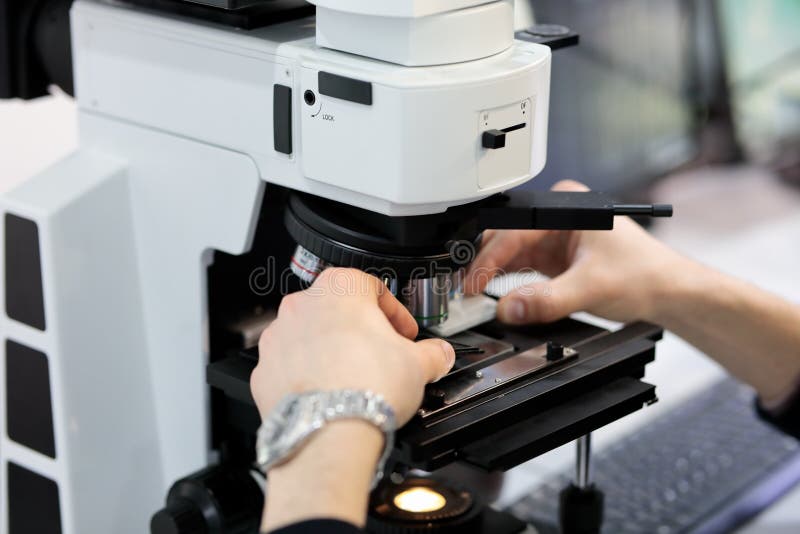 Working with Optical Microscope in Laboratory Stock Image - Image of ...