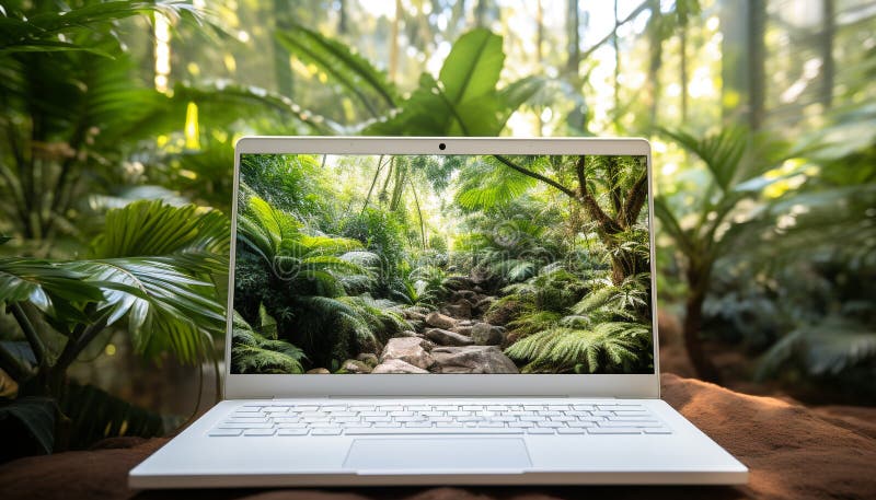 Working Outdoors on a Laptop in a Tropical Forest Landscape Generated ...
