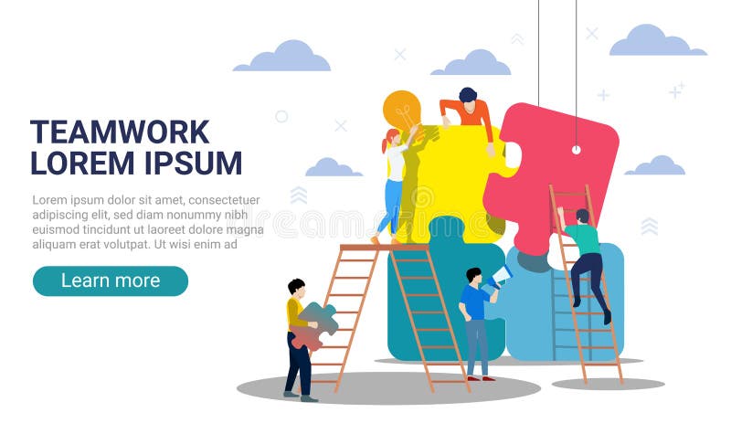 Working People with Ladders and Large Jigsaw Pieces, Teamwork Concept ...