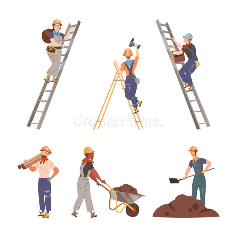 Working People Set. Workers in Overalls and Hardhats Characters Working ...