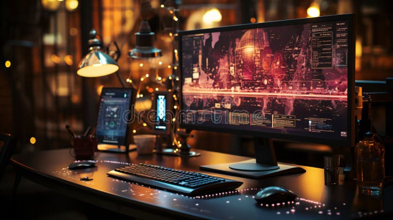 Working Place with Computer at the Evening Stock Illustration ...