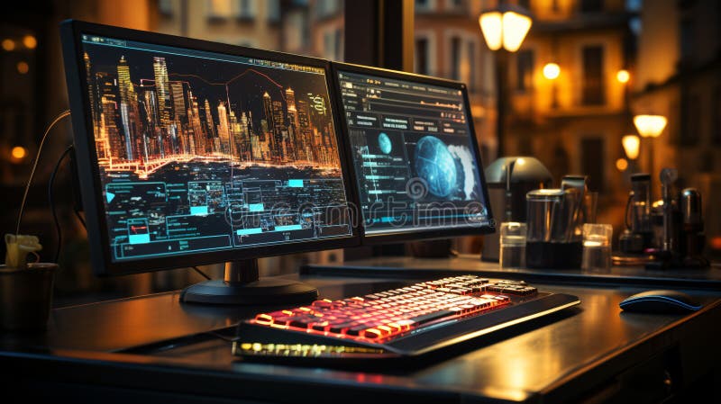 Working Place with Computer at the Evening Stock Illustration ...