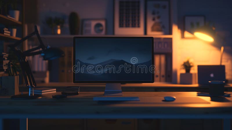 Working Place with Computer, Lamp and Mouse on the Table at Night Stock ...