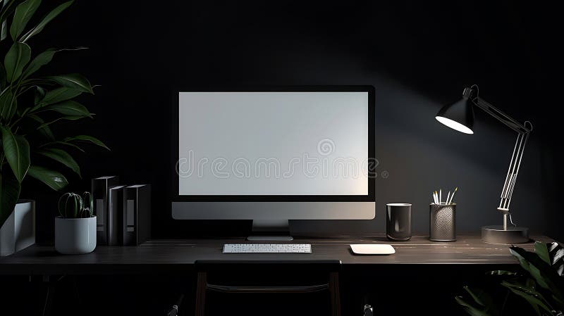 Working Place with Computer, Lamp and Mouse on the Table at Night Stock ...