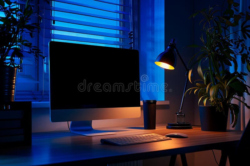 Working Place with Computer, Lamp and Mouse on the Table at Night Stock ...