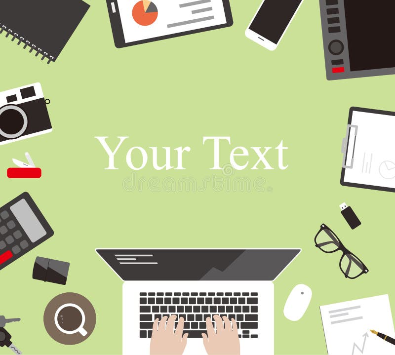 Working Place, Computer and Other Things on the Desk, Top View, Vector ...