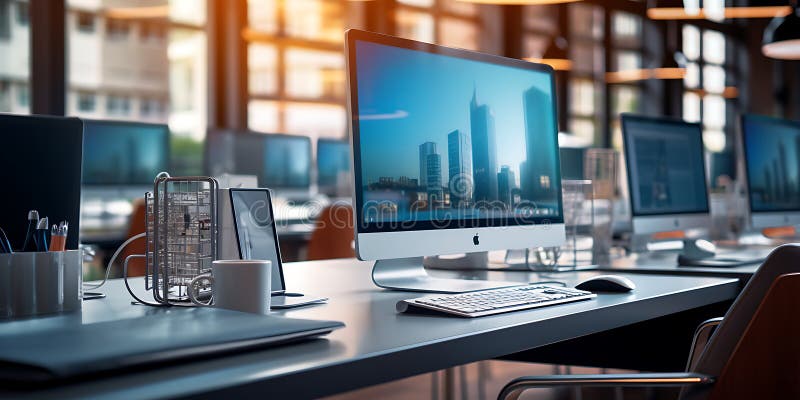 Working Place with Computers and Books on the Table in the Modern ...
