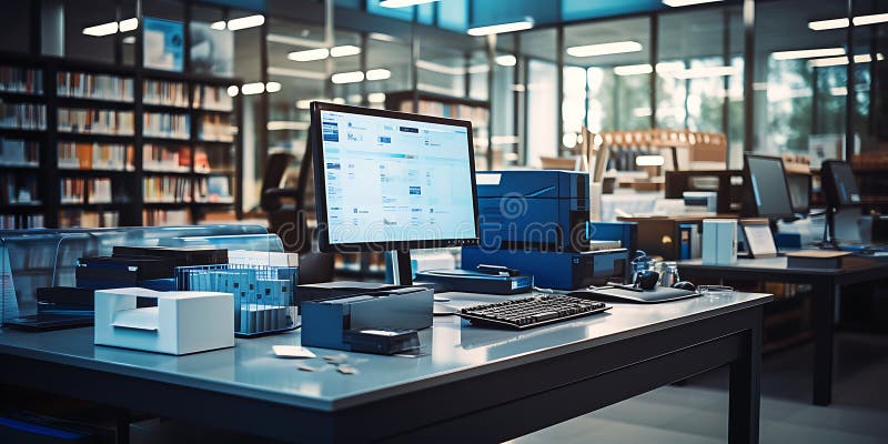 Working Place with Computers and Books on the Table in the Modern ...