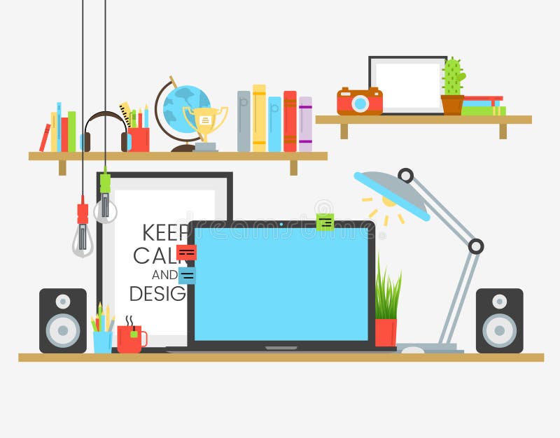 Working Place of Creative Team in Flat Design Over Wooden Table ...