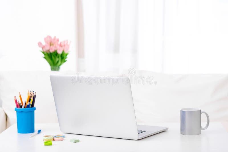 Working Place at Home with Laptop Stock Image - Image of device ...