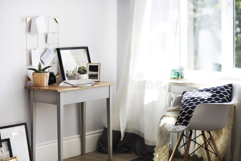 Working Place at Home with Plants and Moodboard Stock Image - Image of ...