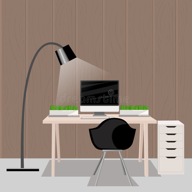 Working Place Modern Office Interior Flat Design Vector Illustration ...