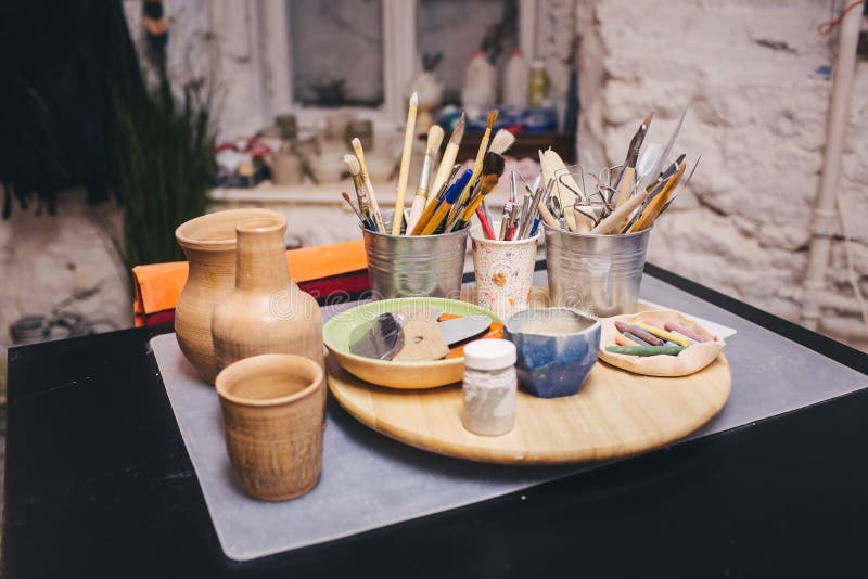 Working Place of Potter Master with Accessories Stock Photo - Image of ...