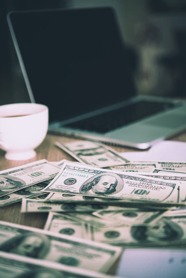 Working Place of Trader. the Table Covered by Cash Notes, Keyboard and ...