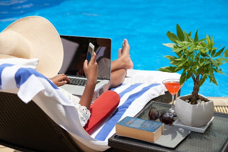 Working by pool stock image. Image of wireless, smartphone - 79141093