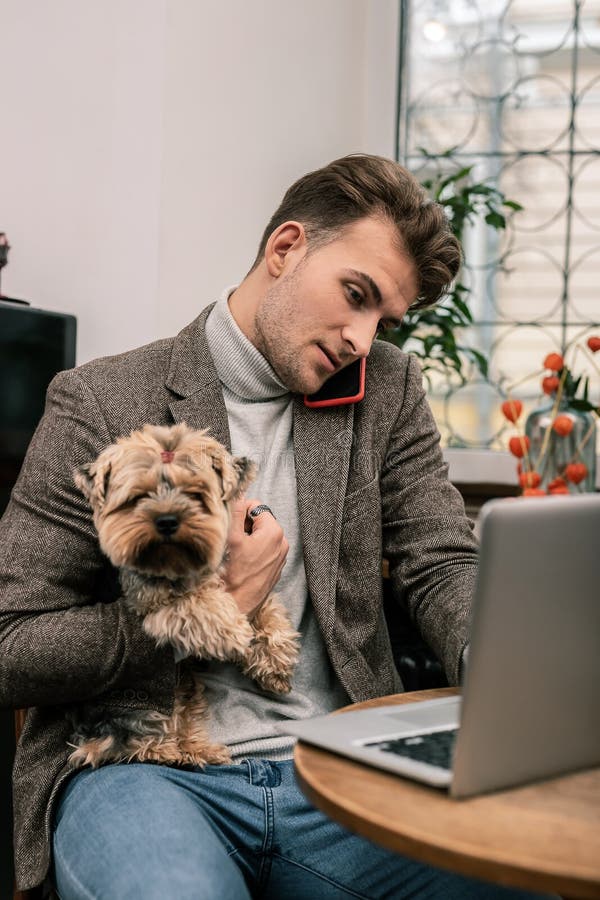 Busy Man Holding a Dog while Working Stock Photo - Image of citycafe ...