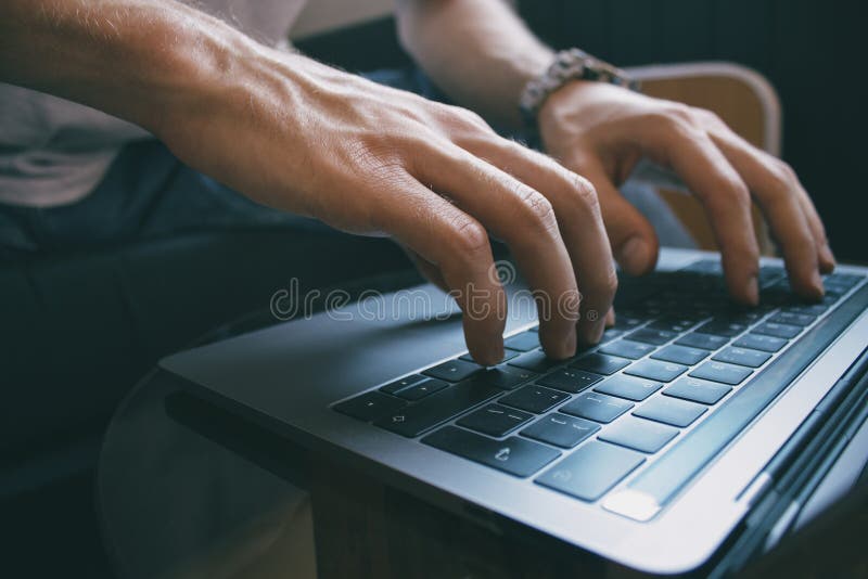 Working Process, Close-up of Male Hands Typing Text Message on Laptop ...