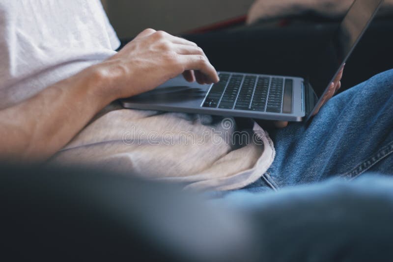 Working Process, Close-up of Male Hands Typing Text Message on Laptop ...