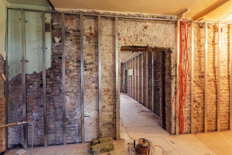 Working Process of Install of Frames for Plasterboard in an Apartment ...