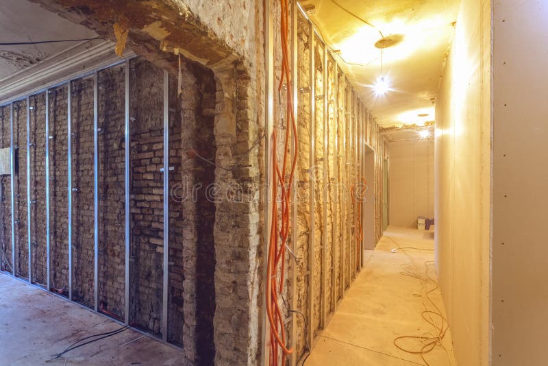 Working Process of Install of Frames for Plasterboard in an Apartment ...