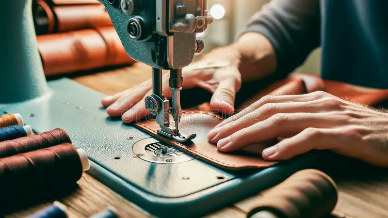 Working Process of a Leather Craftsman Using a Special Sewing Machine ...