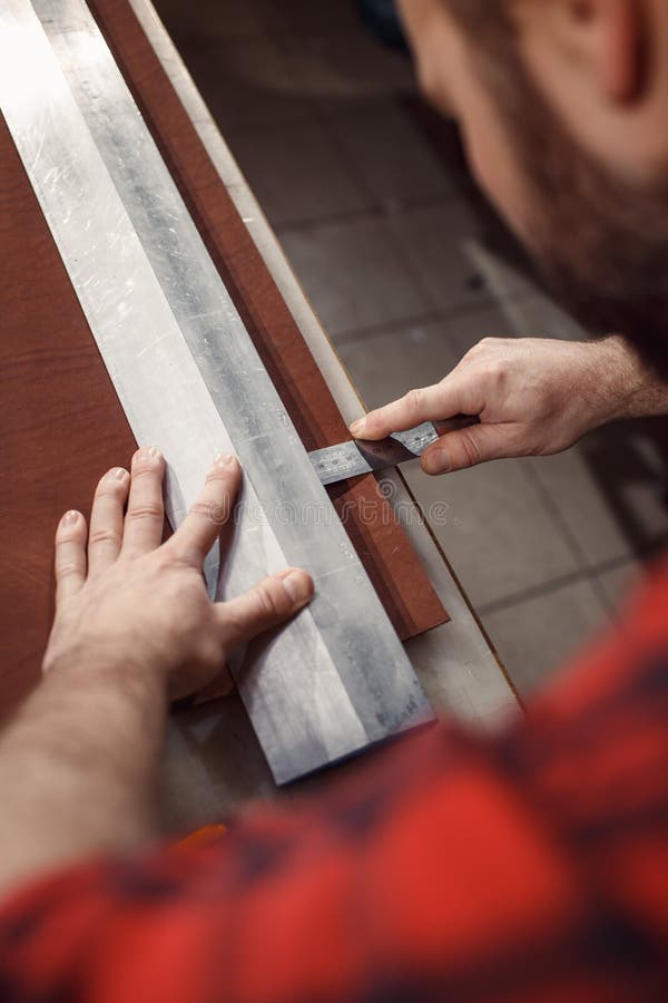 Working Process in the Leather Workshop. Tanner in Old Tannery. Stock ...
