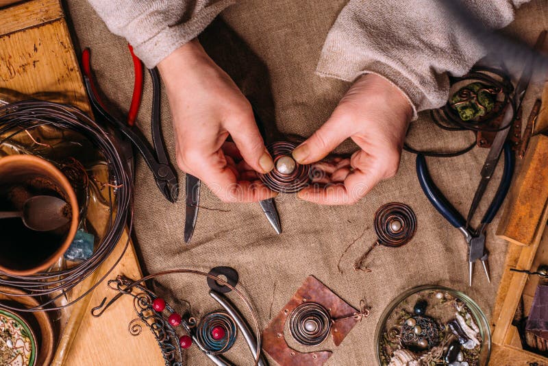 Handmade Copper Wire Working Tools on the Table with Accessoires ...