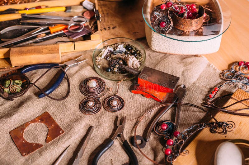 Handmade Copper Wire Working Tools on the Table with Accessoires ...