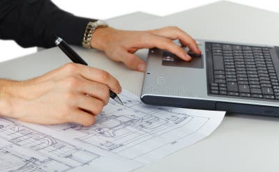 Working on Project with Drawings and Computer Stock Photo - Image of ...