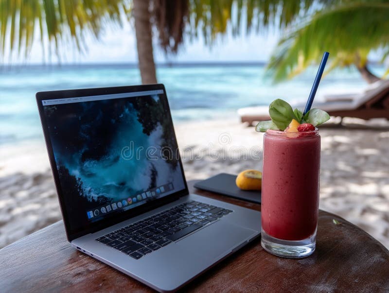 Working Remotely on a Tropical Beach with a Fruit Smoothie Break. Stock ...