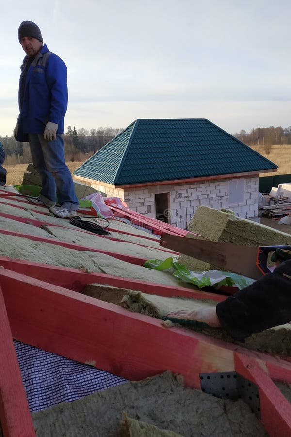 Working with Roofing Material, Metal Roof, Hand Tools Screwdriver Stock ...