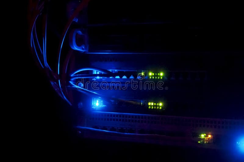 Working Server. Internet Wires and Flashing Lights on the Server Stock ...