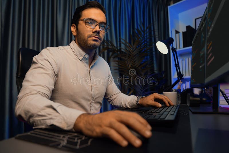 Working Smart it Developer Analyzing Data Software Development on Pc. Surmise. Stock Image ...