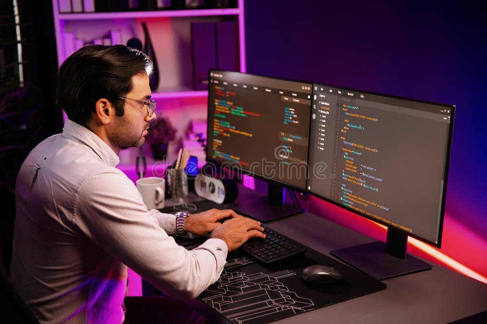 Working Smart it Developer Analyzing Data Software Development on Pc. Surmise. Stock Photo ...