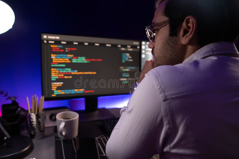 Working Smart it Developer Analyzing Data Software Development on Pc. Surmise. Stock Image ...