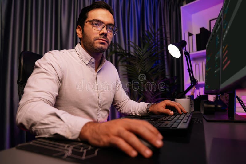 Working Smart it Developer Analyzing Data Software Development on Pc. Surmise. Stock Photo ...