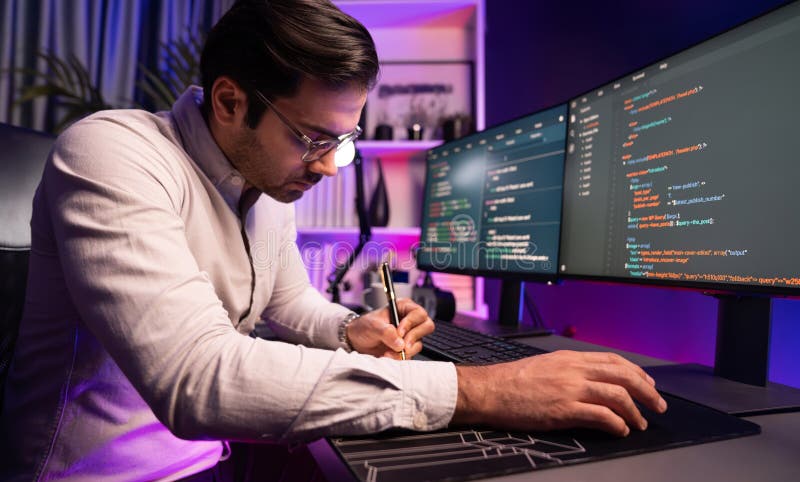 Working Smart It Developer Writing Data Software Development On Pc Surmise Stock Image Image