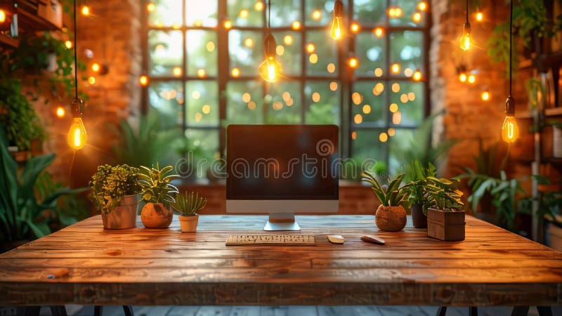 Working Space with Computer on Wooden Table in Modern Office Stock ...