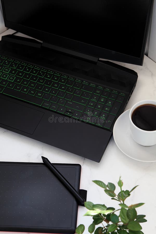 Working Space at Home. Computer, Morning Coffee and Tablet for Remote ...