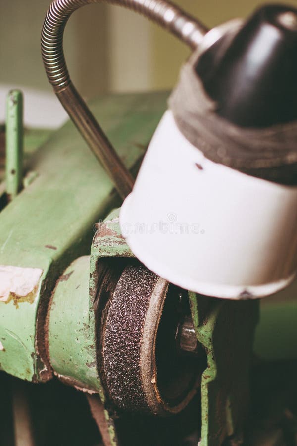 Working Space on Industry. Grinder with Vintage Lamp Stock Photo ...